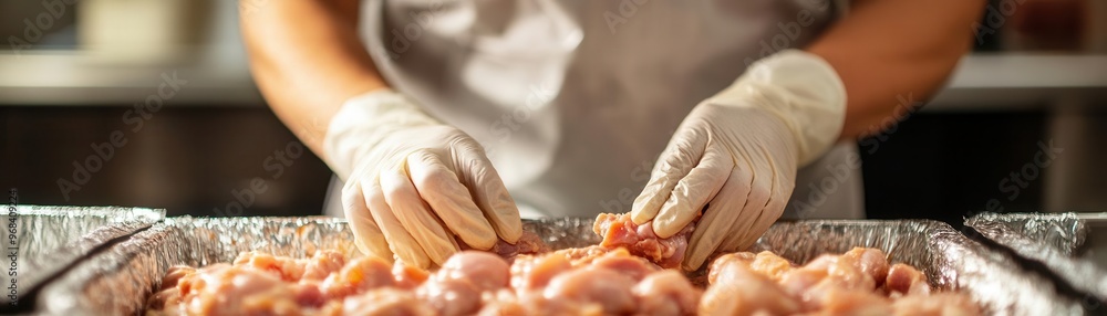 Kitchen worker wearing gloves and apron, properly handling raw chicken ...