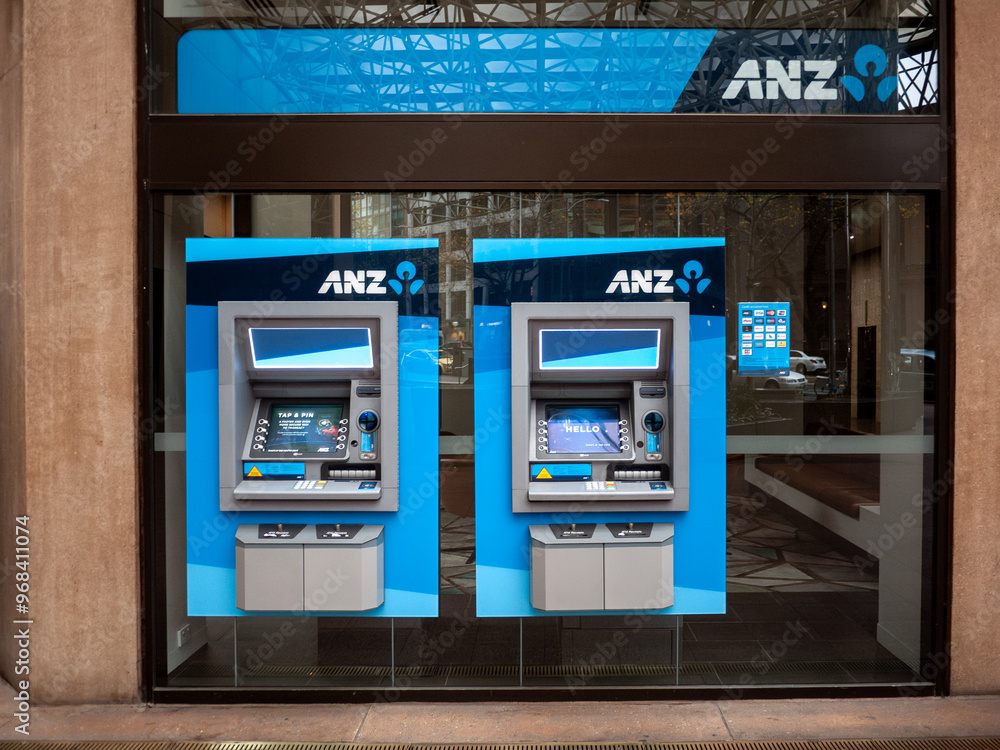 Two ATMs at the storefront of an ANZ Bank branch. The Australia and New ...