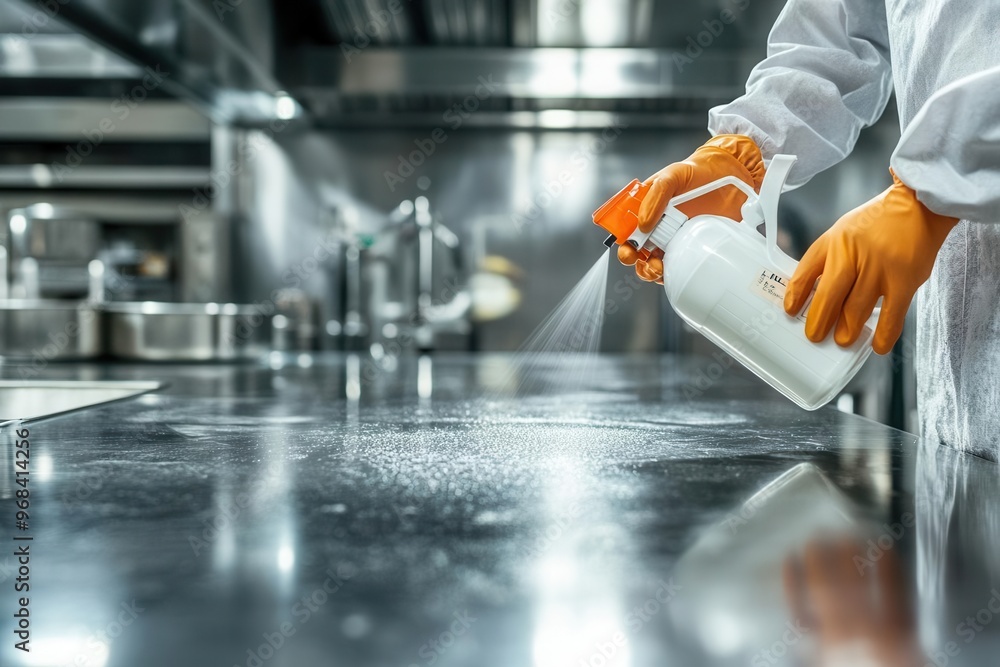 Employee using a sanitation spray on kitchen countertops, ensuring ...