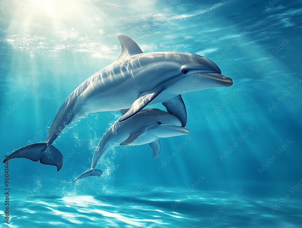 Serene Moment Underwater - Dolphin Mother Guiding Newborn Calf in Ultra ...