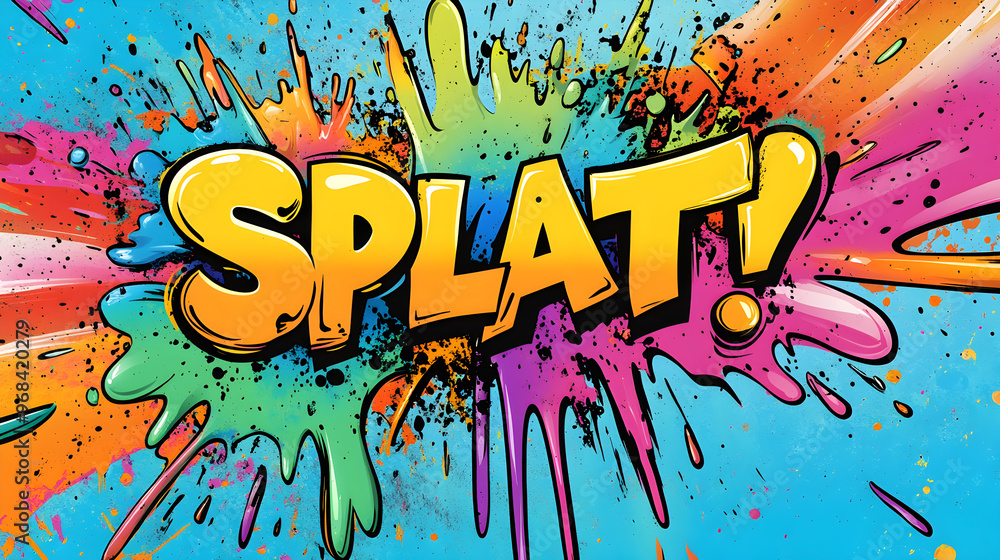Speech bubble with SPLAT!, with colorful comic splashes and dripping ...