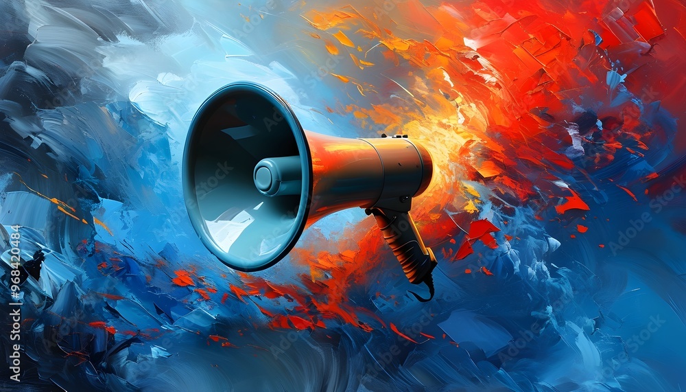 Dynamic megaphone amidst a swirl of fiery red and cool blue abstract ...