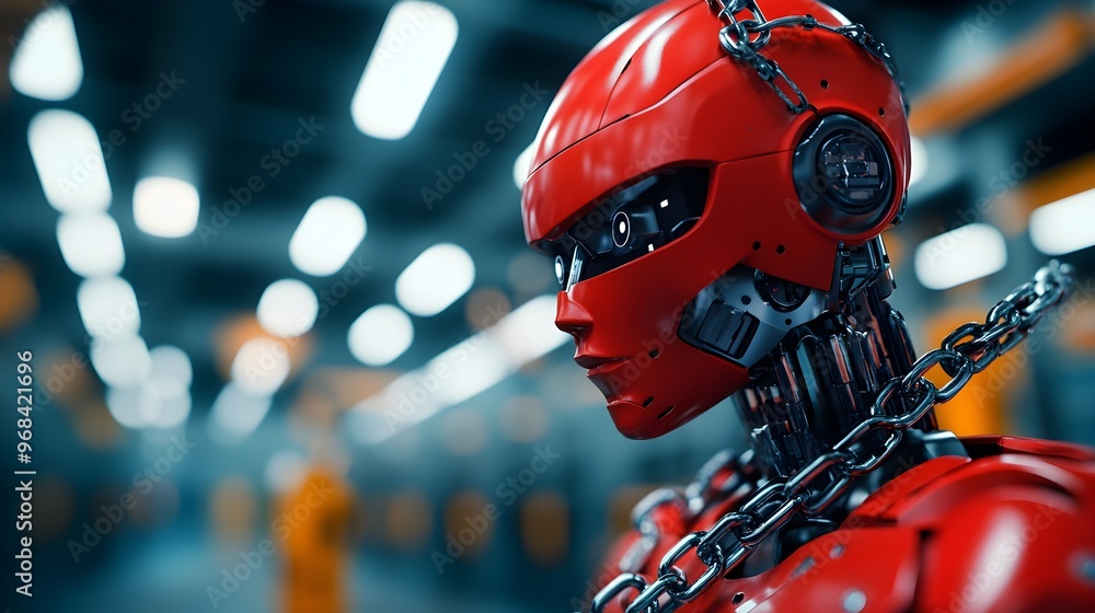 A humanoid AI robot shackled by chains, representing the legal ...