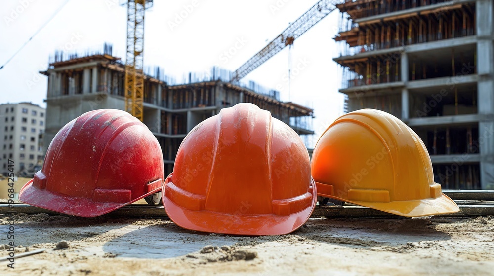 Three Red-Orange Construction Helmets on a Construction Site Background ...