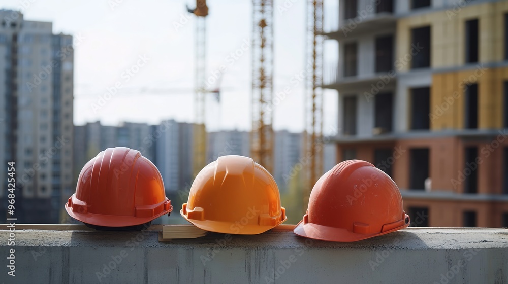 Three Red-Orange Construction Helmets on a Construction Site Background ...