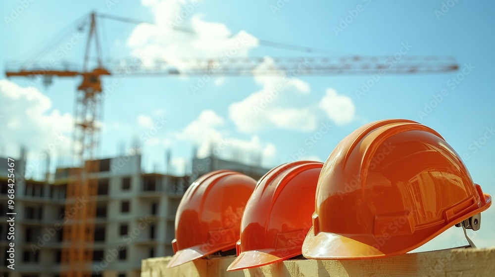 Three Red-Orange Construction Helmets on a Construction Site Background ...