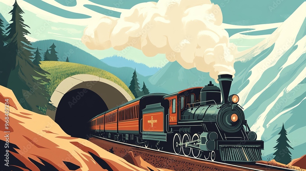 vintage poster with an epic retro train leaving a mountain tunnel from ...
