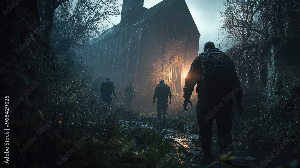A group of zombies walking through an old, crumbling cathedral at night ...