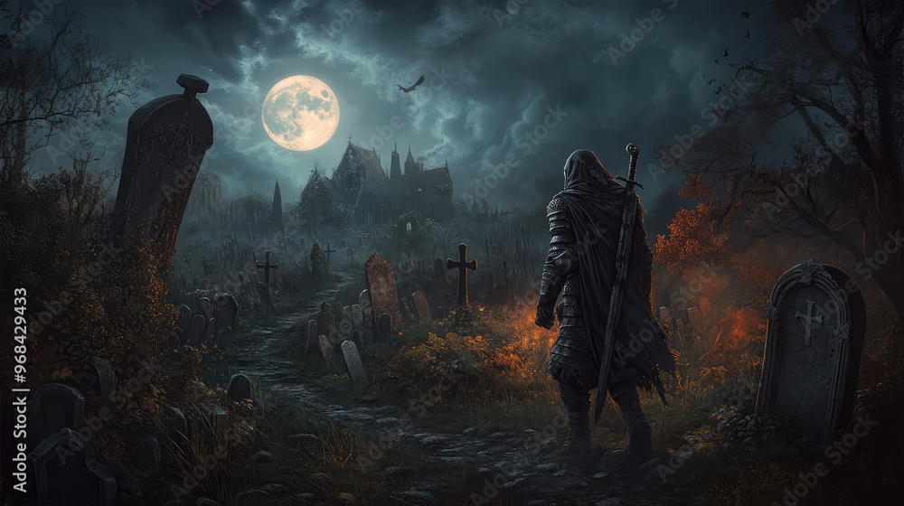 Undead knights rising from their graves at night, their rusty armor ...