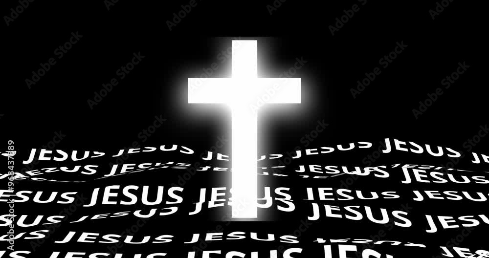 White cross on black background. wavy Jesus' name and beautiful light ...