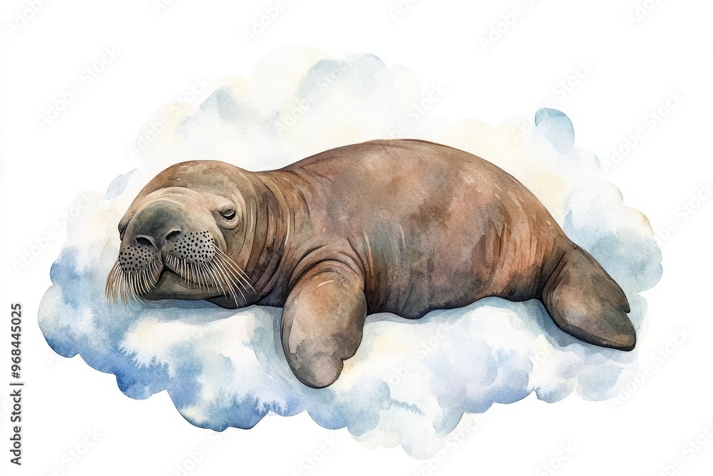 A charming watercolor illustration of a cute, little walrus sleeping ...