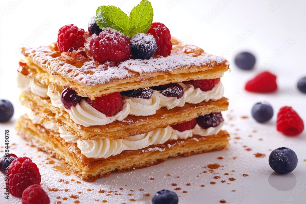 A close-up of a freshly baked mille-feuille pastry, layered with flaky ...