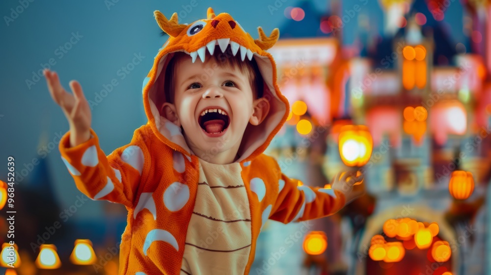 child in a dragon costume, playfully roaring and pretending to breathe ...