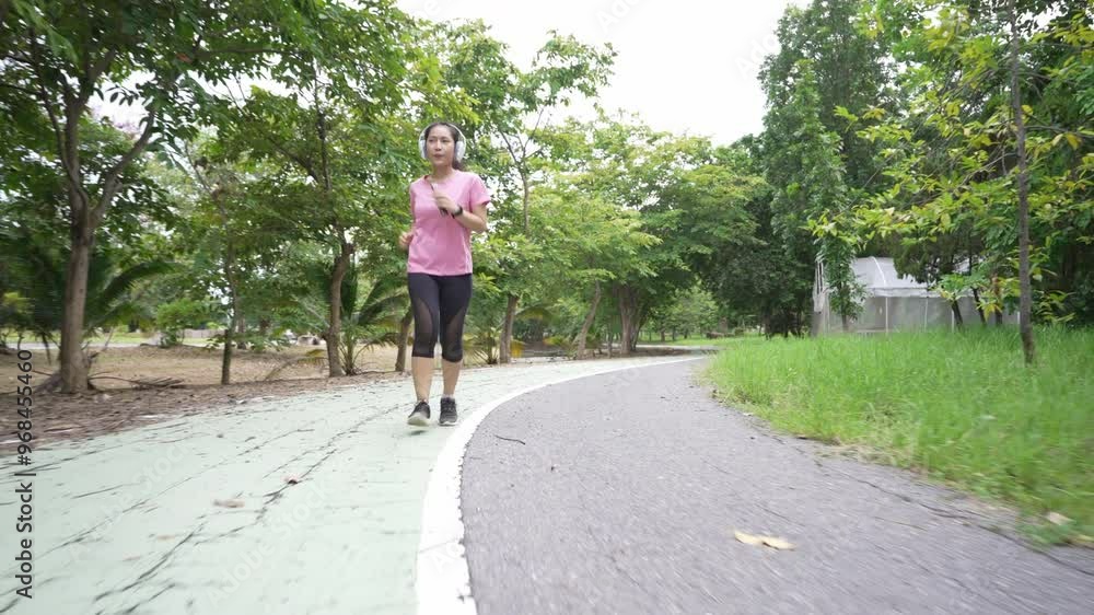 A front view of a young Asian woman jogging for exercise on a park road ...