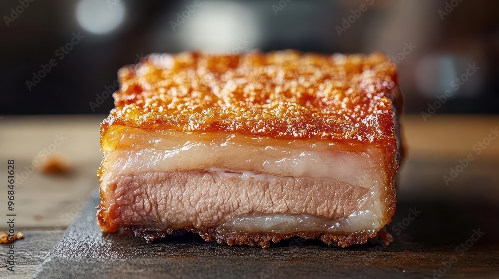 Macro shot of a single crispy pork belly piece, showing detailed golden ...