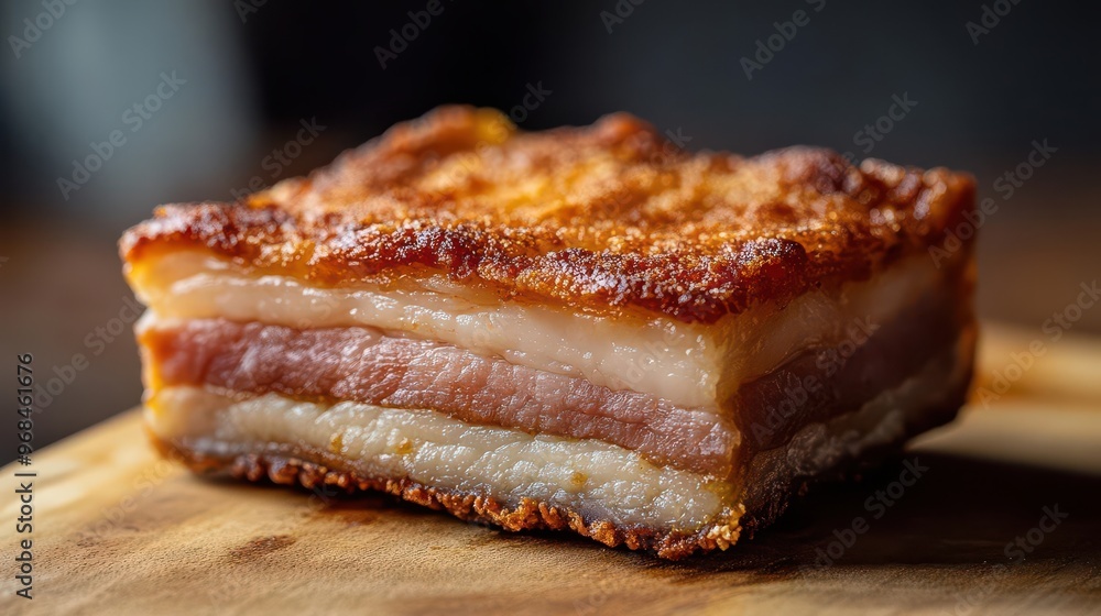 Macro shot of a single crispy pork belly piece, showing detailed golden ...