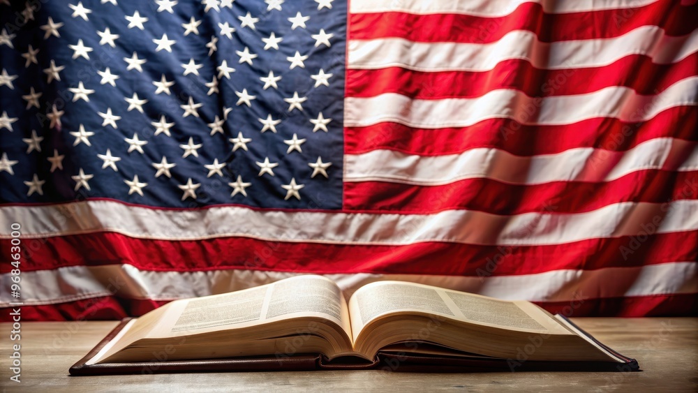 Religious freedom concept with open Bible and American flag for themes ...