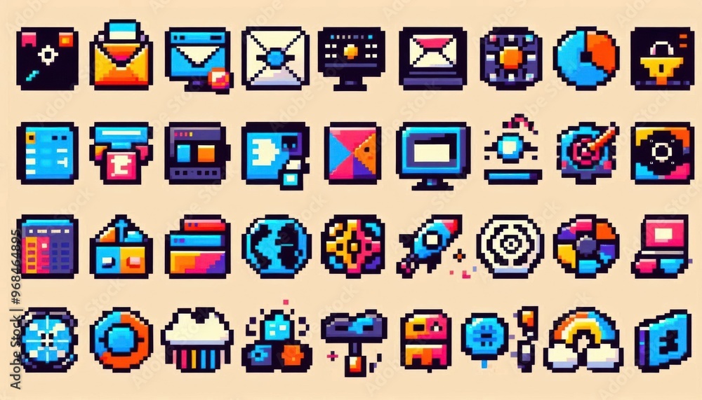 A collection of pixel art computer icons, representing basic functions ...