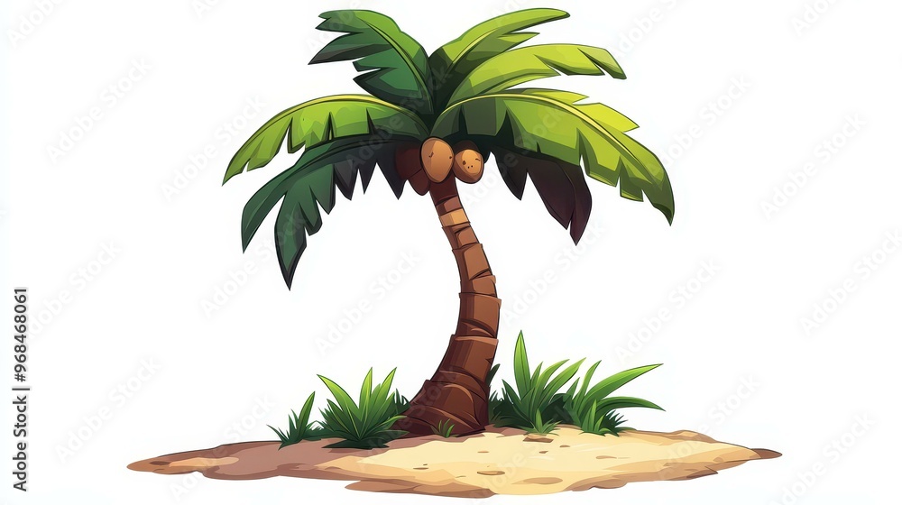 Bright, cartoonish coconut palm tree with green fronds, perfect for ...