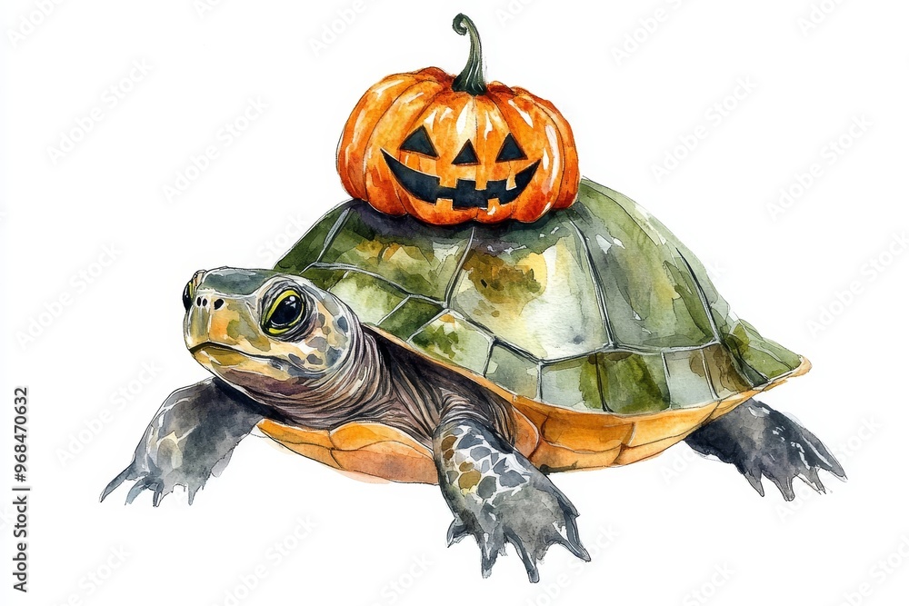 A whimsical watercolor illustration of a turtle wearing a jack-o ...