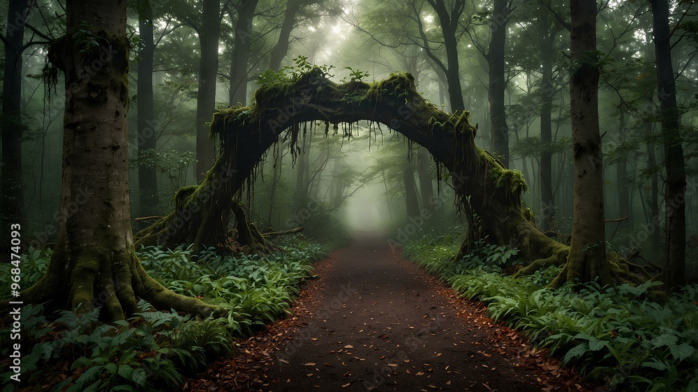 Mystic woodland trails. Narrow paths wind through dense forests with ...