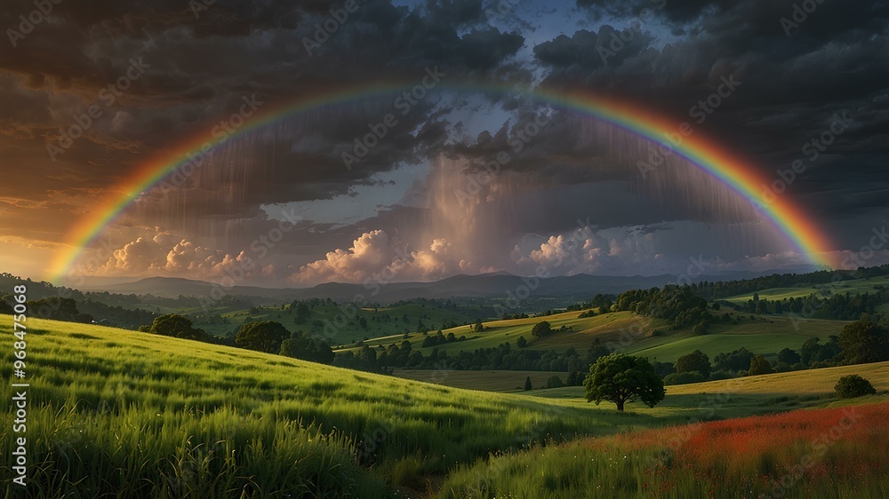 Radiant rainbow landscapes. A vibrant rainbow arches across the sky ...