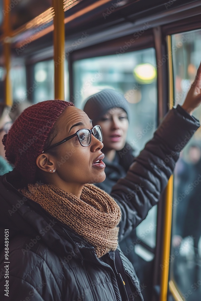 Female tour guide with a group on a city bus tour. She is pointing out ...