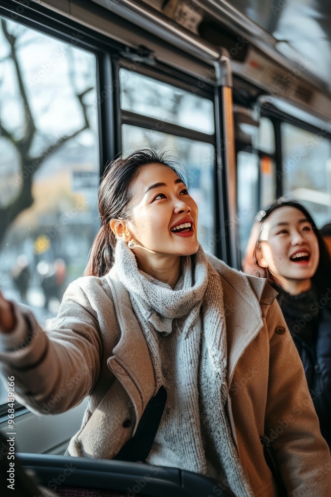 Female tour guide with a group on a city bus tour. She is pointing out ...