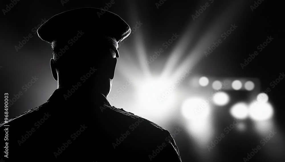 Silhouette of a police officer with lights in the background ...