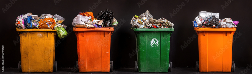 Detailed Image of Four Full Trash Cans on a Black Background - High ...