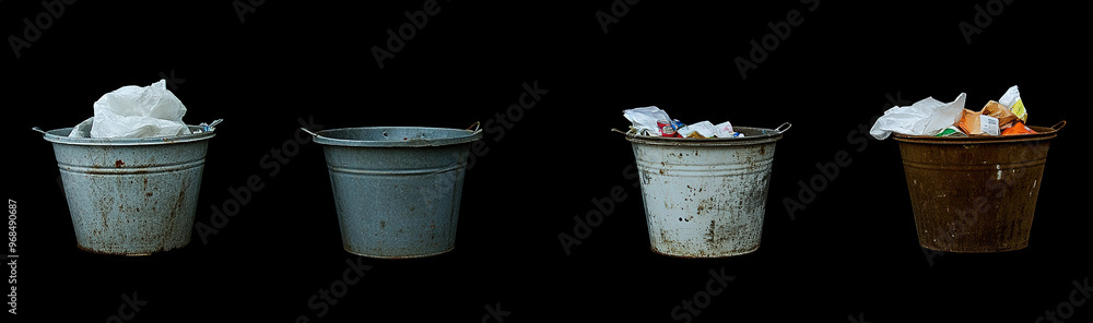 Four Diverse Trash Cans Overflowing with Garbage, Black Background ...
