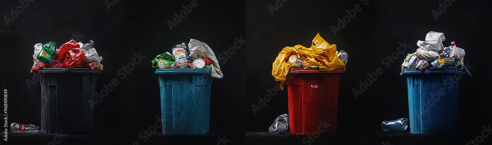 Four Different Trash Cans Filled with Garbage Against a Black ...