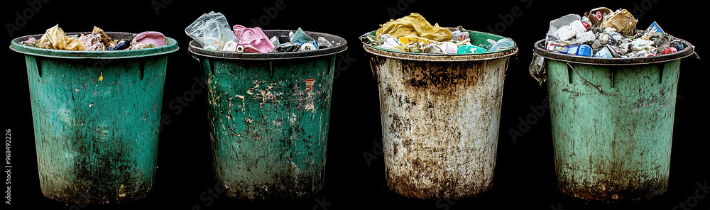 Set of Four Distinct Trash Cans Overflowing with Various Types of ...