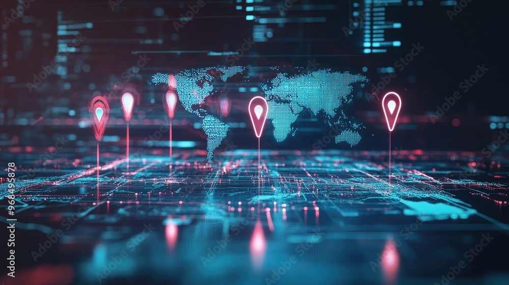 Digital World Map with Pinpoint Locations, Global Network, Data ...