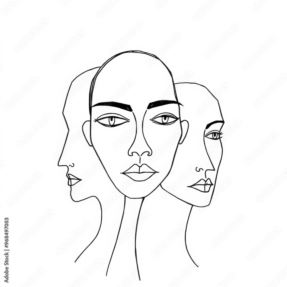 Abstract Line Drawing Of Three Overlapping Female Faces In Profile And
