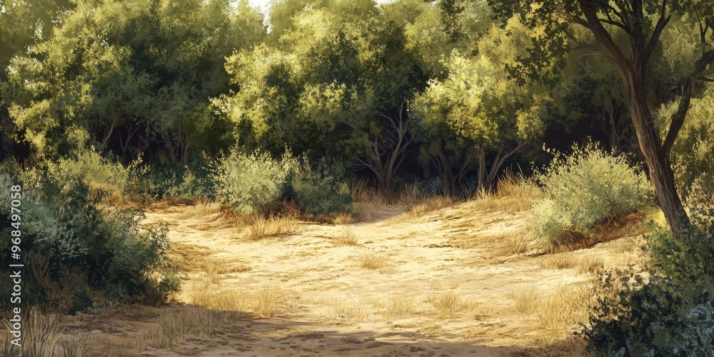 The edge of a forest meets arid terrain, where the dry, dusty ground ...