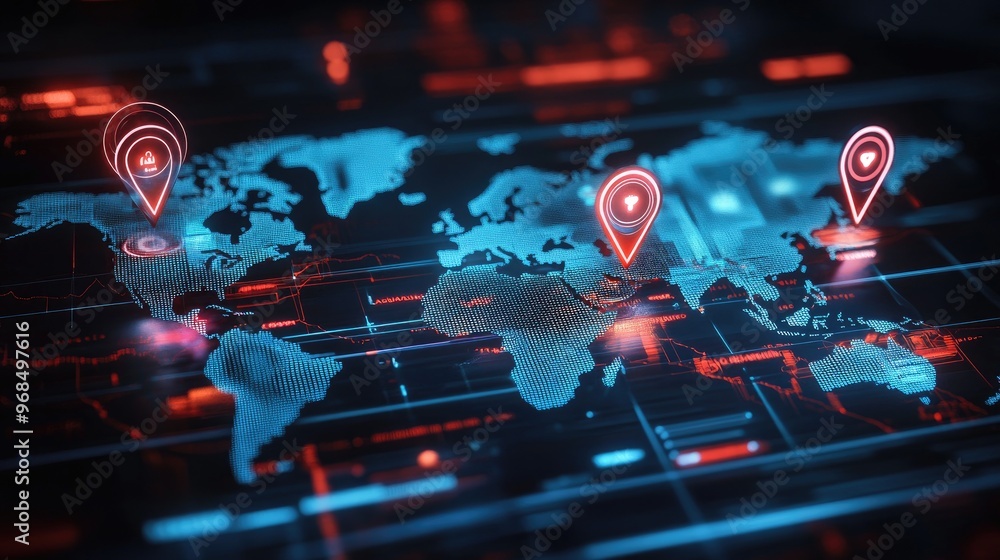 Digital World Map with Glowing Location Markers: Global Network ...