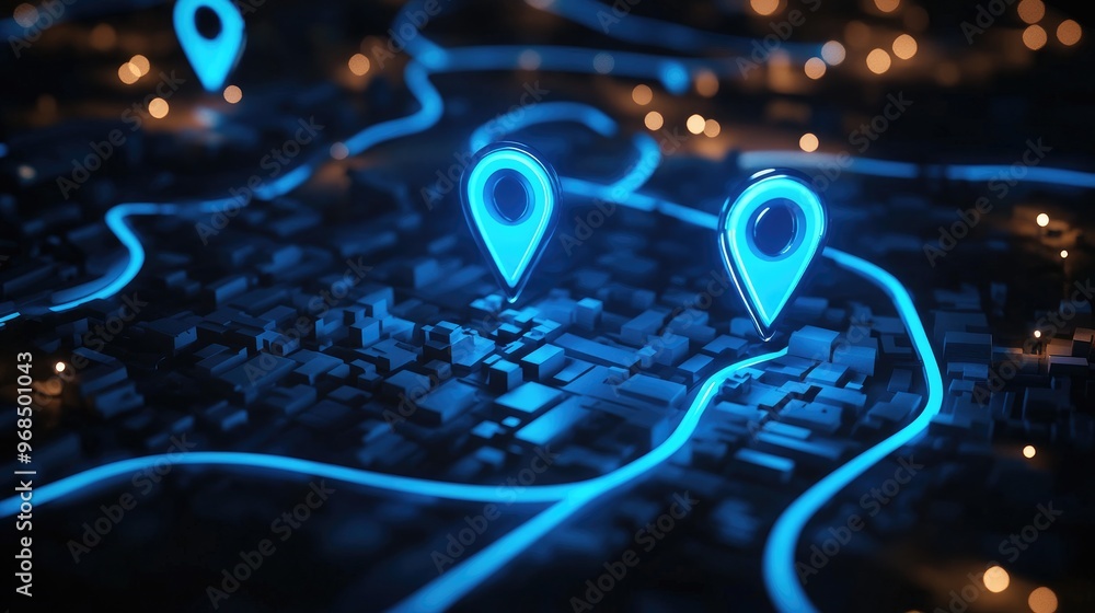 Navigating the City: Glowing Blue Lines on 3D Map with Pinpoint ...