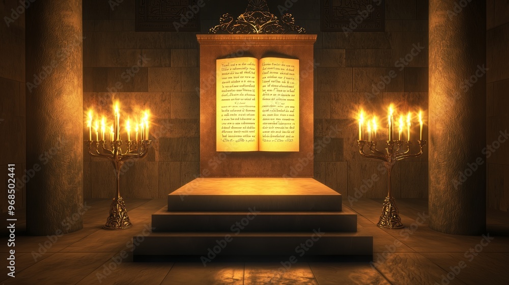 An empty 3D podium in a spiritual setting, surrounded by biblical ...