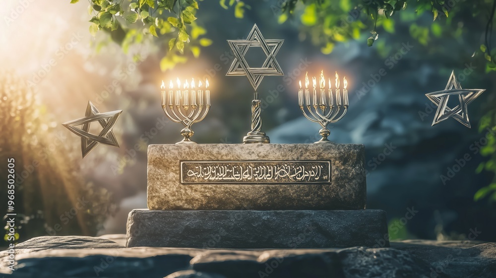 An elegant 3D podium made of stone, with traditional Jewish holiday ...