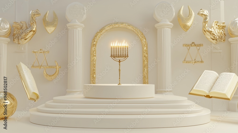 A smooth 3D podium with a floating menorah above it, surrounded by ...