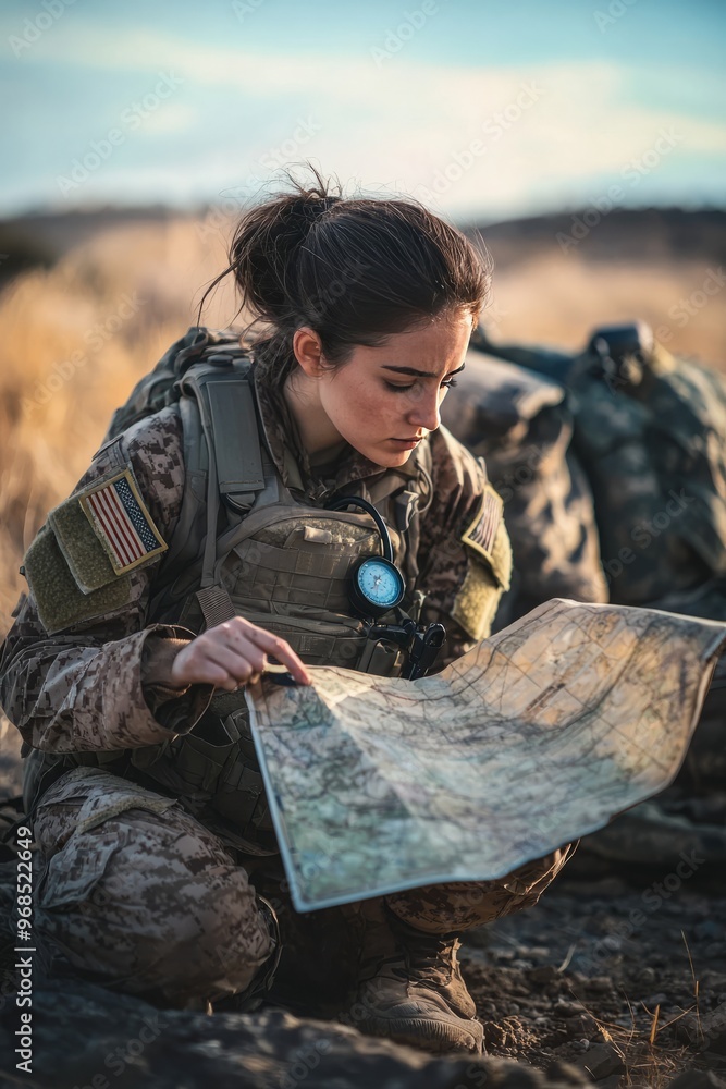 Female soldier in a combat zone using a map and compass. Military ...
