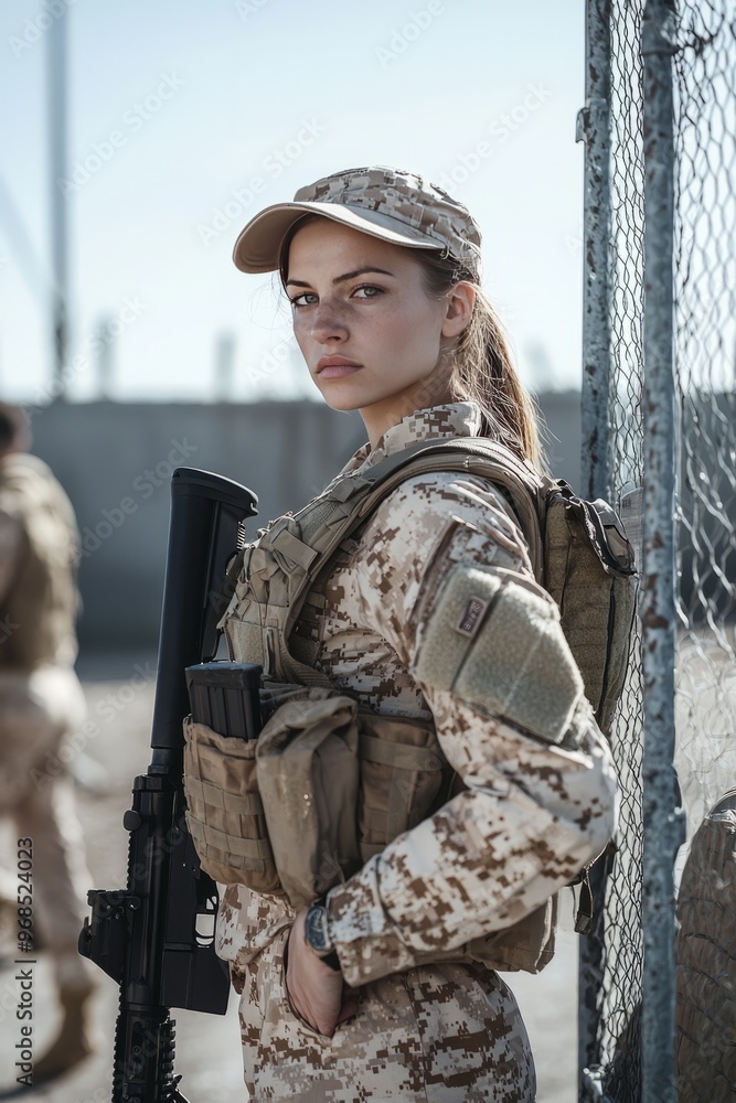 Female soldier standing guard at a military checkpoint. The checkpoint ...