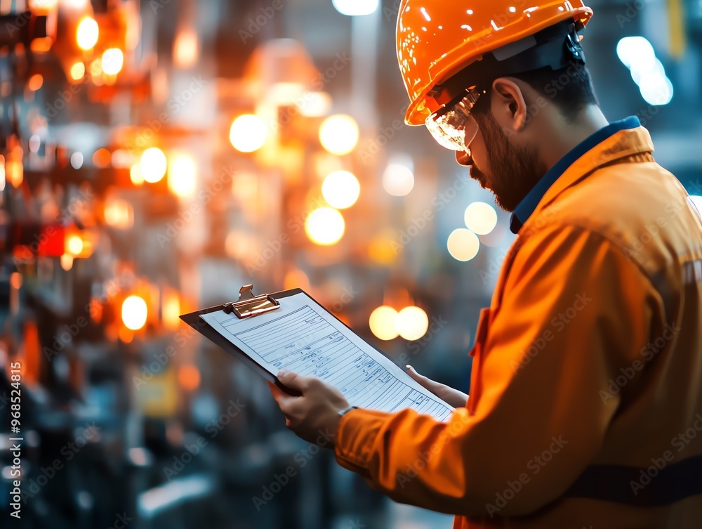 Engineer holding a checklist and marking products on an assembly line ...
