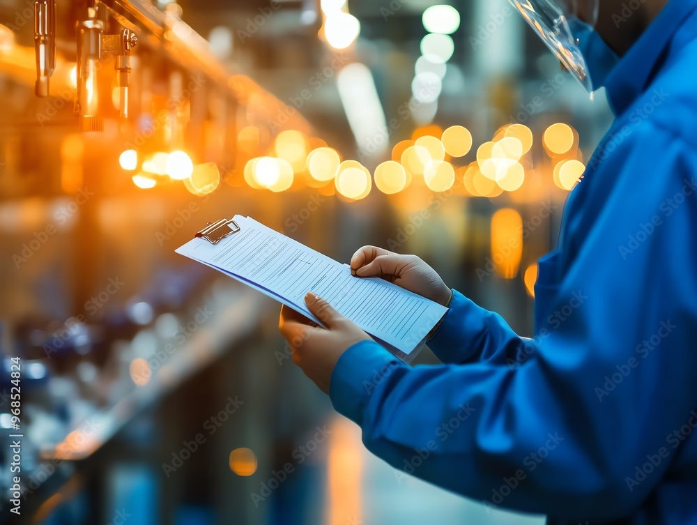 Engineer holding a checklist and marking products on an assembly line ...