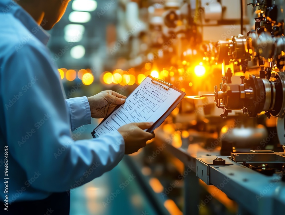 Engineer holding a checklist and marking products on an assembly line ...