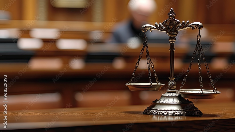 25. A judge handing down a verdict in a courtroom, with the scales of ...