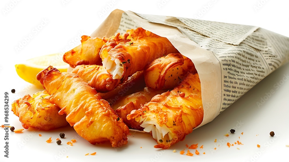 Crispy fish and chips wrapped in newspaper, no shadows The fish and ...