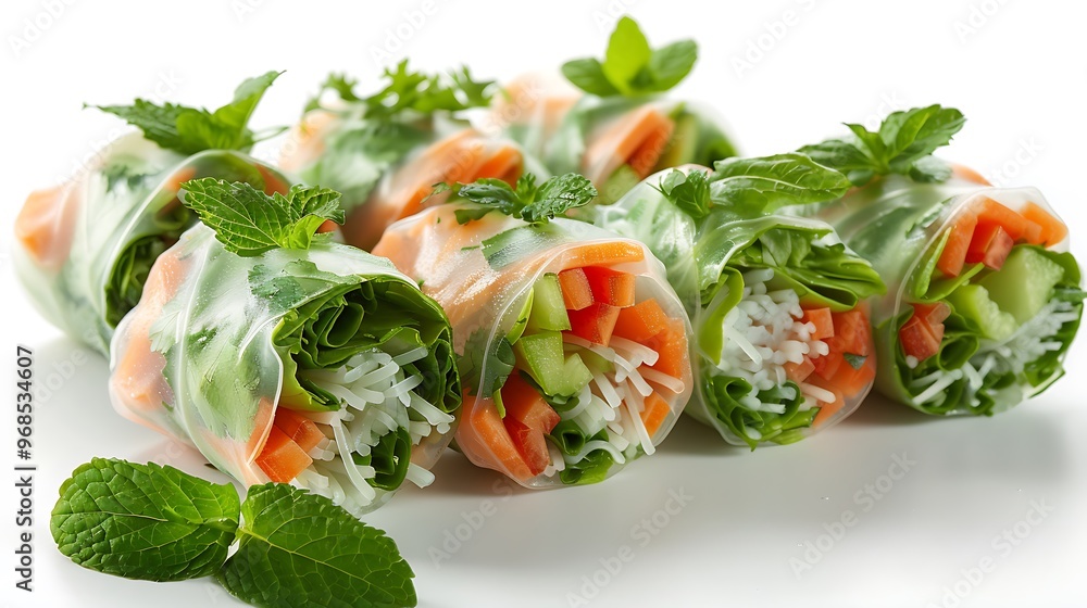 Fresh spring rolls, Vietnamese-inspired, no shadows The rolls are the ...