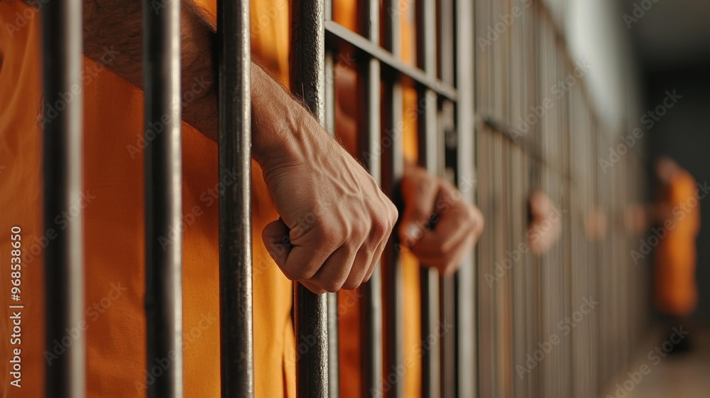 Prisoners gripping bars inside jail cell Close-up of prisoners in ...
